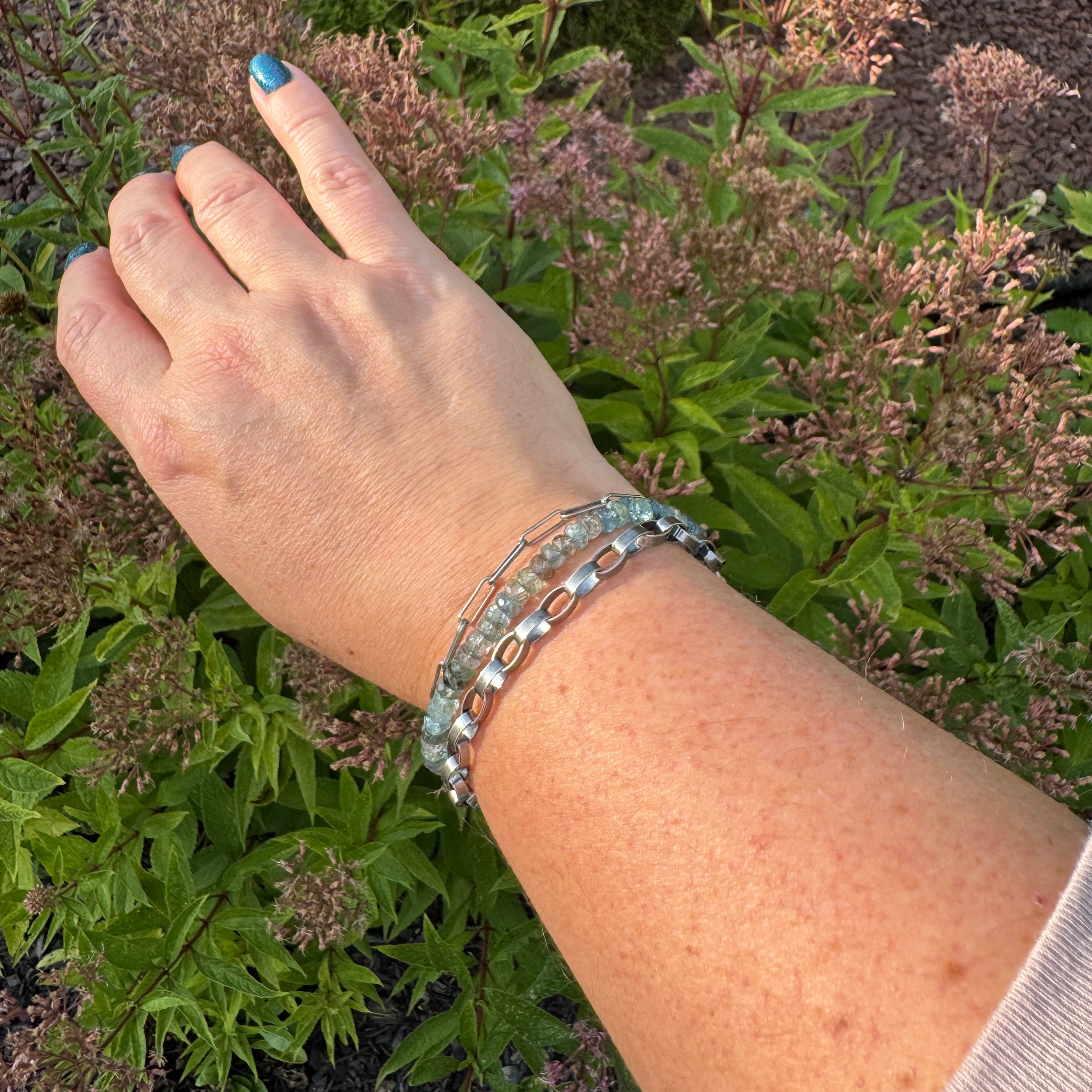 Moss Aquamarine & Sterling Silver Triple Strand Bracelet