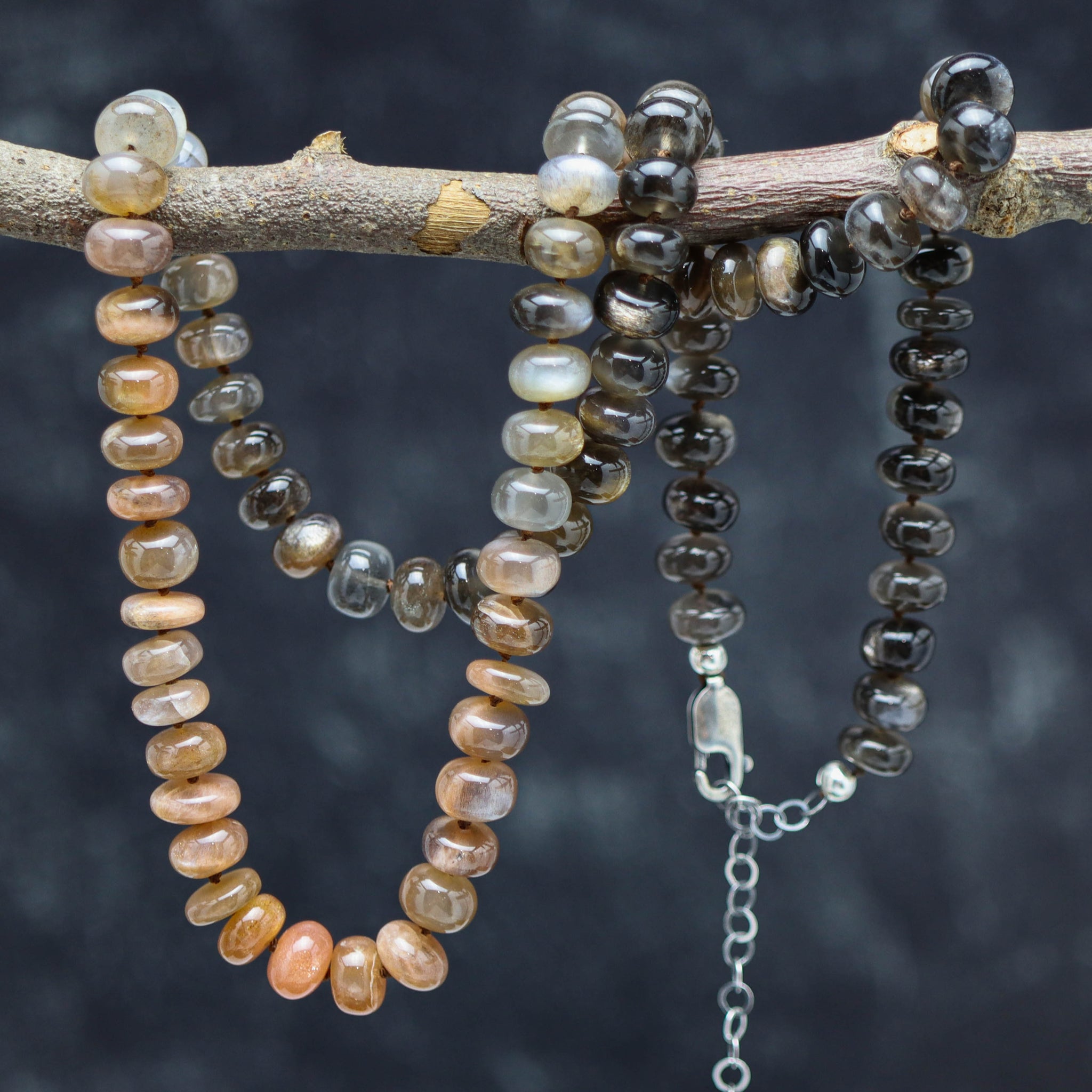 Australian Moonstone Hand Knotted Bead Necklace Sterling Silver LONG